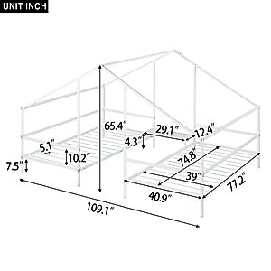 Merax Metal Double Twin Size Triangular House Beds with Built-in Table, White