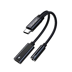 Xumee USB Type C to 3.5mm Headphone and Charger Adapter,2-in-1 USB C to Aux Audio Jack Hi-Res DAC and Fast Charging Dongle Cable Cord Compatible with iPhone 15 Pro Max, Galaxy S23 S22 S21 Plus(Black)