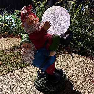Raywer Solar Powered 2 Gnomes Playing with Ball , Decorated Solar Light, Garden Decorations Statues , Garden Light Decor for Lawn Ornaments, Resin Garden Figurines (2 Gnomes with a Glass Ball)
