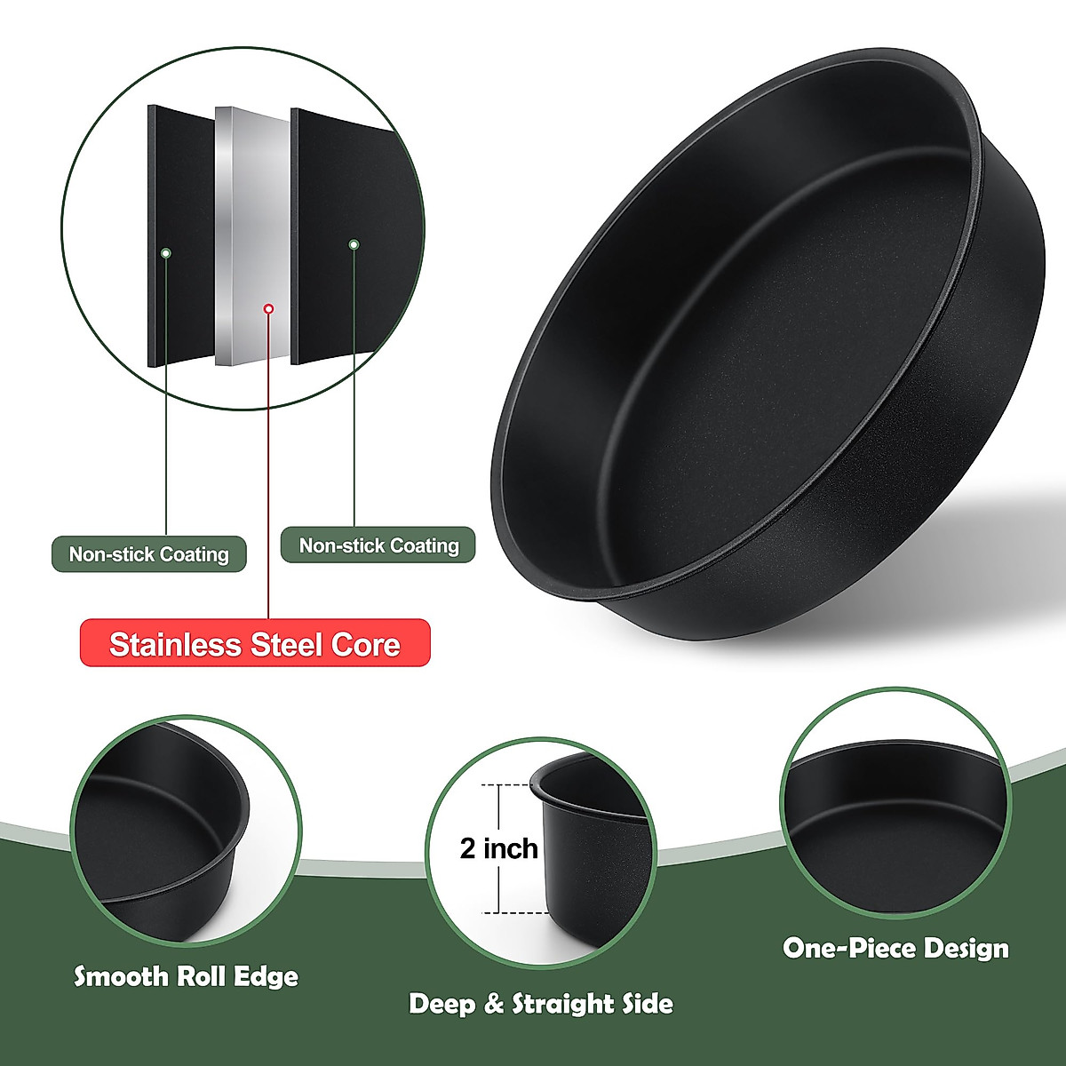 E-far 9.5 Inch Cake Pan Set of 3, Nonstick Round Baking Layer Cake Pans, Stainless Steel Core & Non-Toxic Coating, 2 Inch Deep (Black)