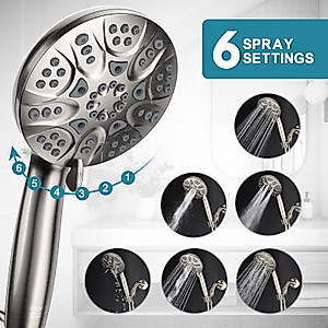 High Pressure Handheld Shower Head Brushed Nickel, 6 Spray Settings Shower Head with Handheld, 4.3 Inch High Flow Hand Held Rain Showerhead with Stainless Steel Hose, Adjustable Bracket