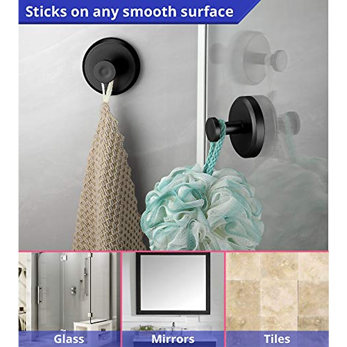 HOME SO Suction Cup Hooks for Shower, Bathroom, Kitchen, Glass Door, Mirror, Tile – Loofah, Towel, Coat, Bath Robe Hook Holder for Hanging up to 15 lbs – Waterproof, Dark, Matte Black (2-Pack)