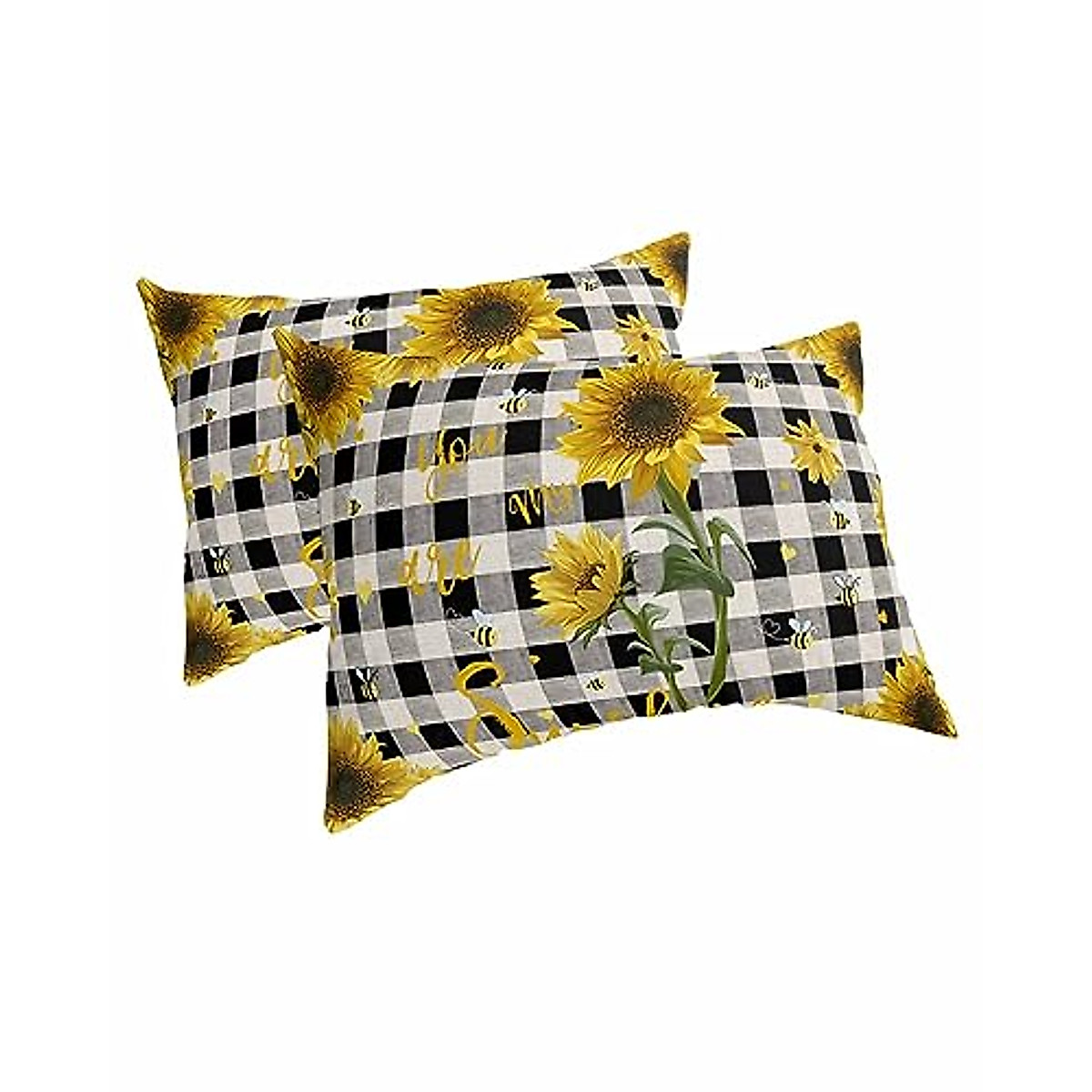 Summer Sunflower Pillow Covers Standard Size Set of 2 20x26 Bed Pillow, Black White Plaid Spring Floral Bee Rustic Wood Plush Soft Comfort for Hair/ Skin Cooling Pillowcases with Envelop Closure
