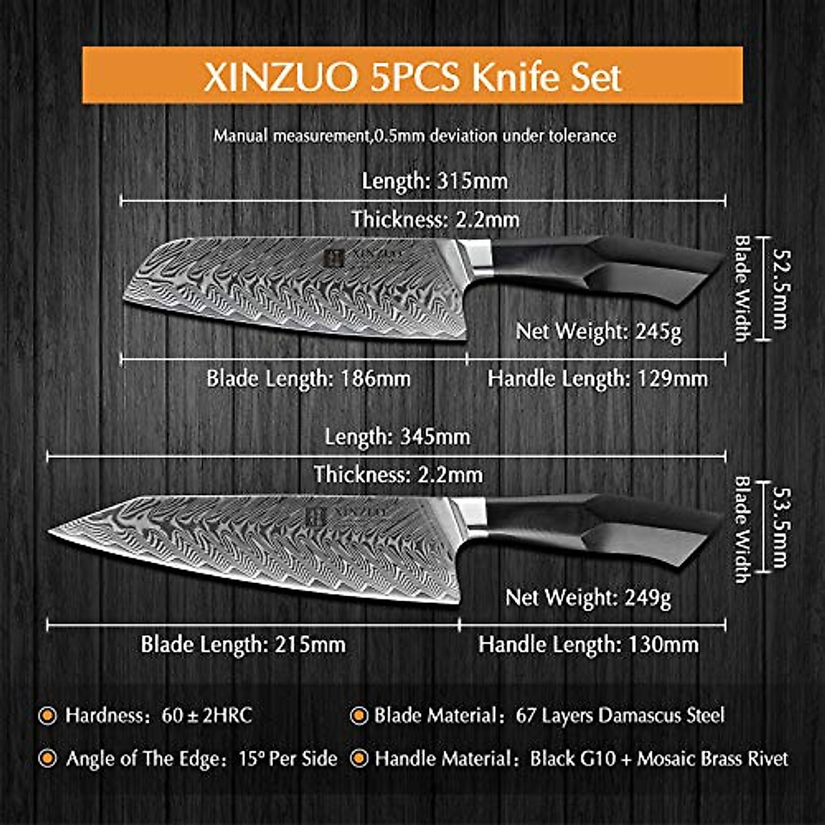 XINZUO 5-piece Damuscus Kitchen Knife Set,67 Layer Hand Forged Damascus Steel Professional Chef Knife Set with Gift Box, G10 Black Handle,Razor Sharp-Feng Series