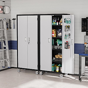 VINGLI 72'' Tall Garage Storage Cabinet, Metal Storage Cabinet with Wheels, Locking Doors and Adjustable Shelves (Black & Silver, 32''W x 16''D x 72''H)