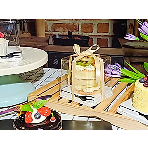 COLOSWIN 12 Pack Clear Plastic Cupcake Boxes Mini Cake Box Baking Box Disposable Round Single Cupcake Containers stand holder box with 3D Cake Mold Fork Rose-Gold Ribbon Gift Boxes for Birthday Anniversary