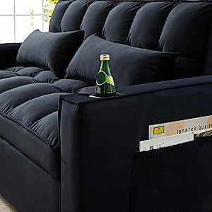 FANYE 3 in 1 Loveseat Pull Out Sleeper Bed, Compact 2 Seater Futon Adjustable Backrest Love Seat Sofa & Couch Convertible Sleep Daybed for Living Room Sofabed, Black Full W/Cupholders and USB Port