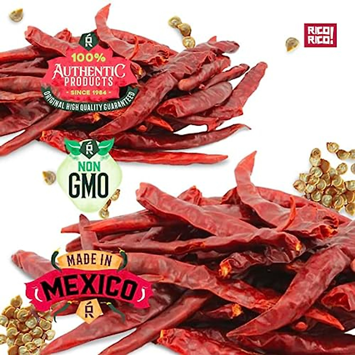 RICO RICO - Chile de Arbol 4 oz - Dried Whole Red Chili Peppers, Premium Dried Chiles, Spicy Hot Heat, Use in Mexican, Chinese and Thai Dishes, Packaged in Resealable Kraft Bag by RICO RICO