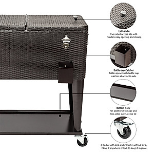 VINGLI 80 Quart Rolling Ice Chest, Portable Patio Party Bar Drink Cooler Cart, with Shelf, Beverage Pool with Bottle Opener (Brown)