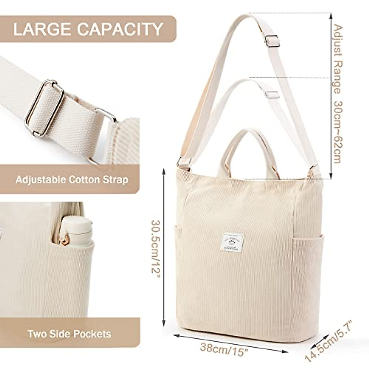 KALIDI Corduroy Tote Bag, Large Zipper Messenger Bag Shoulder Hobo Crossbody Bag Casual Work Colledge Shopping Women Beige