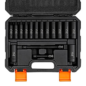 BOEN 3/8" Drive Deep Impact Socket Set, 16 Piece Metric Socket Set 7 to 22mm, Includes 3", 6" Extension Bars, 6 Point Design, Cr-V Steel, Heavy Duty Storage Case