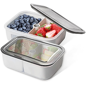 Veggie Trays with Lid, 2 Pack Meal Prep Containers, Food Storage Containers with Lids, 2 Removable Compartments Food Containers for Fruits/Vegetables/Snacks, Dishwasher Safe, BPA Free & Leak Proof