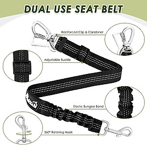 SlowTon Dog Seatbelt, 2 Pack Dog Seat Belt Car Leash Adjustable Elastic Bungee Buffer Heavy Duty Nylon Reflective Pet Safety Tether Connect to Dog Harness for Travel Riding in Vehicle (Daul Clip, B)