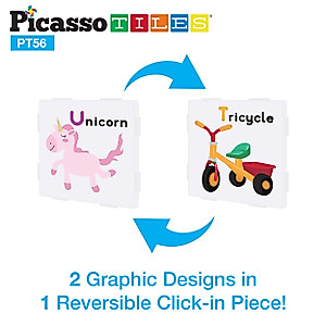 PicassoTiles Magnetic Building Blocks with Tiles and Educational Artwork Graphic Click-in Inserts Magnet Construction Toy Set STEM Learning Kit Playset Child Brain Development PT56