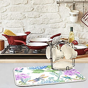 ZzWwR Beautiful Hydrangeas Dragonflies Floral 16 x 18 Inches Absorbent Dish Drying Mat Microfiber Kitchen Countertop Table Protector Multi-Purpose Counter Rack Sink Drainer Pad