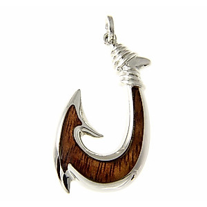 Arthur's Jewelry Koa Wood Hawaiian Wave Fish Hook Rhodium Plated Brass Reversible Pendant