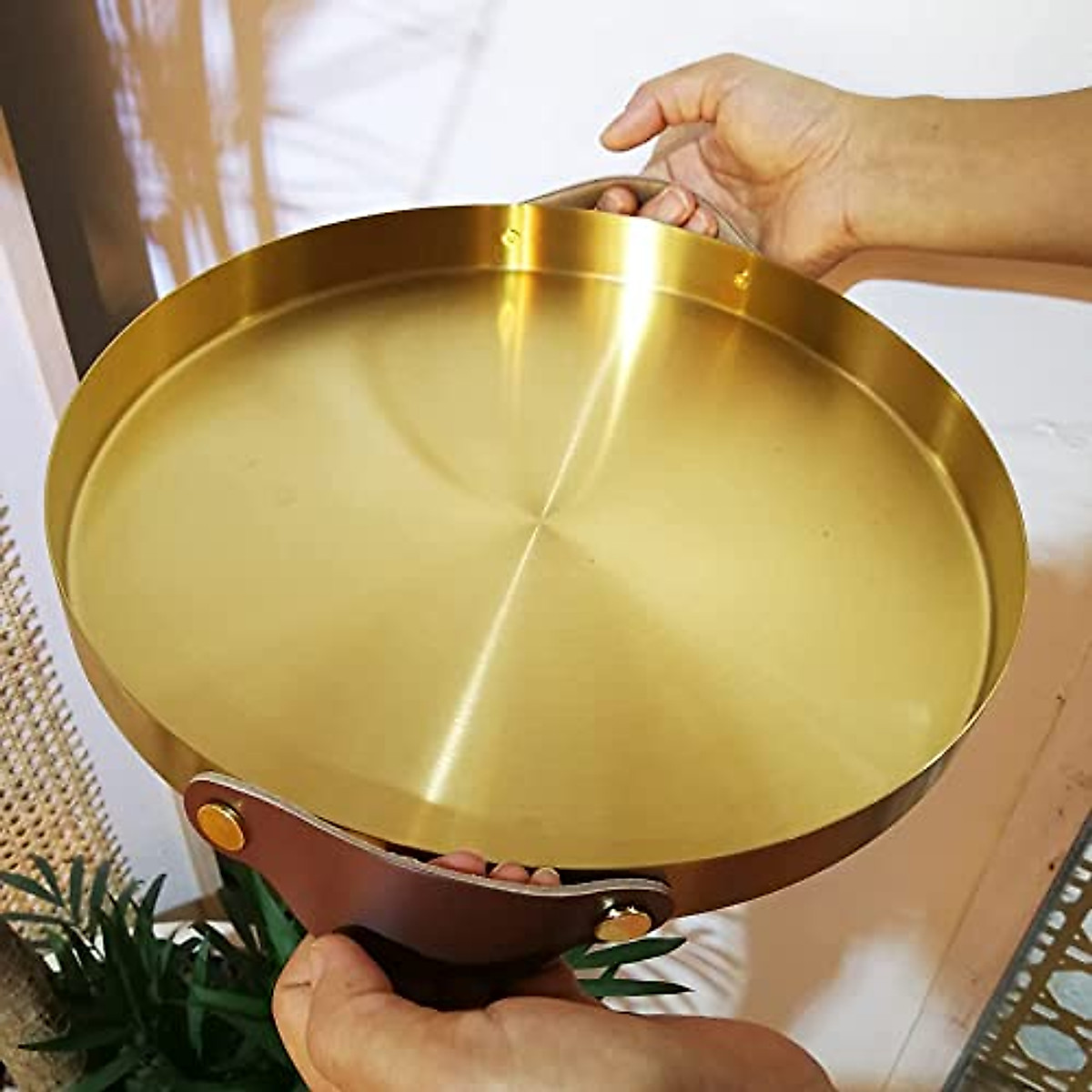 12 Inch Round Golden Tray with Brown Handle, Metal Vanity Tray with Mirror Finish, 1”Deep Decorative Brass Tray Serving Platter for Dessert Table, Jewelry, Exxacttorch