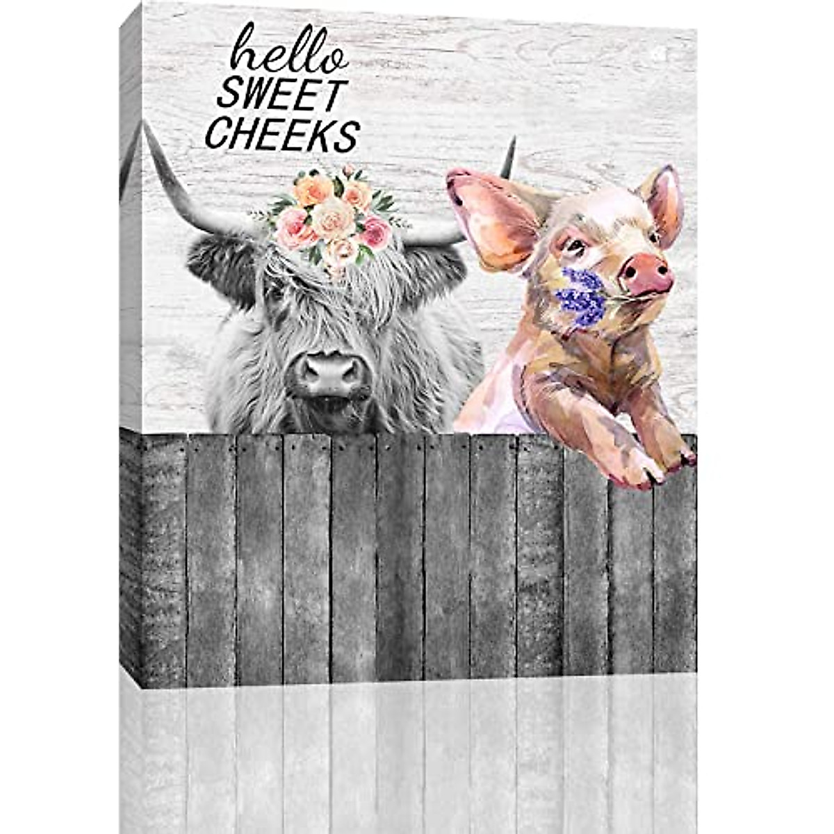 CSWMZQZY Highland Cow Head Wearing Flowers and Cute Pig Lavender Bathroom Decor Wall Art Hello Sweet Cheeks Farmhouse Animal Canvas Print Picture Framed Artwork (HELLO PIG COW,Wooden frame8''x10'')