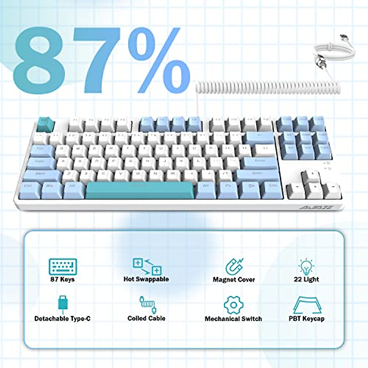 A.JAZZ AK873 Wired 87 Key TKL Retro Color Mechanical Gaming Keyboard with Rainbow Backlit Hot-swap Tactile Blue Switch NKRO Gasket Ergonomic Custom Coiled Aviator C to A Cable for Win/Mac(Blue White)