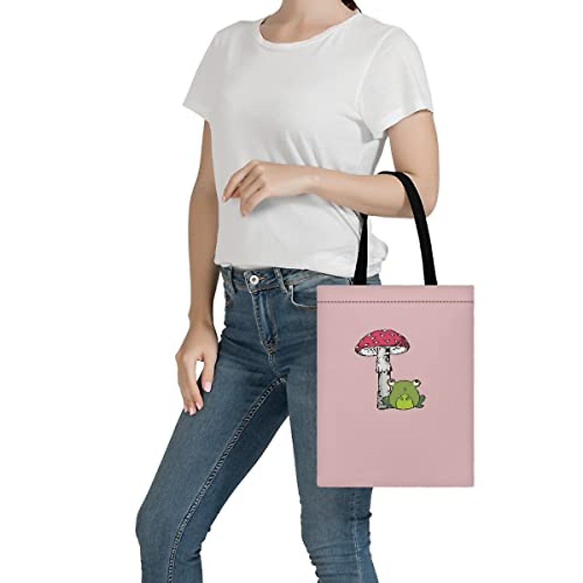Costaric Canvas Aesthetic Tote Bag for Women Beach Bag Shopping Bags travel Shoulder Bag Reusable fold Grocery Bags,Frog mushroom