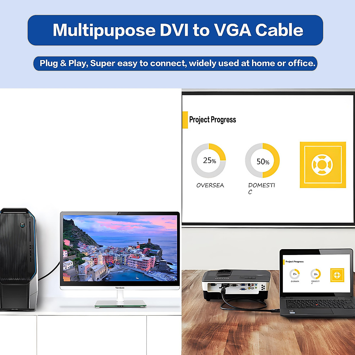 PeoTRIOL DVI to VGA Cable, DVI-D to VGA Male Computer Monitor Cable, DVI 24 1 to D-SUB 15 Pin VGA Adapter, DVI Male to VGA Cord Converter for Monitor HDTV Projector Computer- 6 Feet