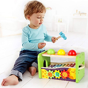 Canuan 4-in-1 Hammering Pounding Toys, Pound & Tap Bench with Slide Out Xylophone, Multifunctional Montessori Wooden Musical Pounding Toys for 1 2 3+ Years Boy Girl Baby Toddlers