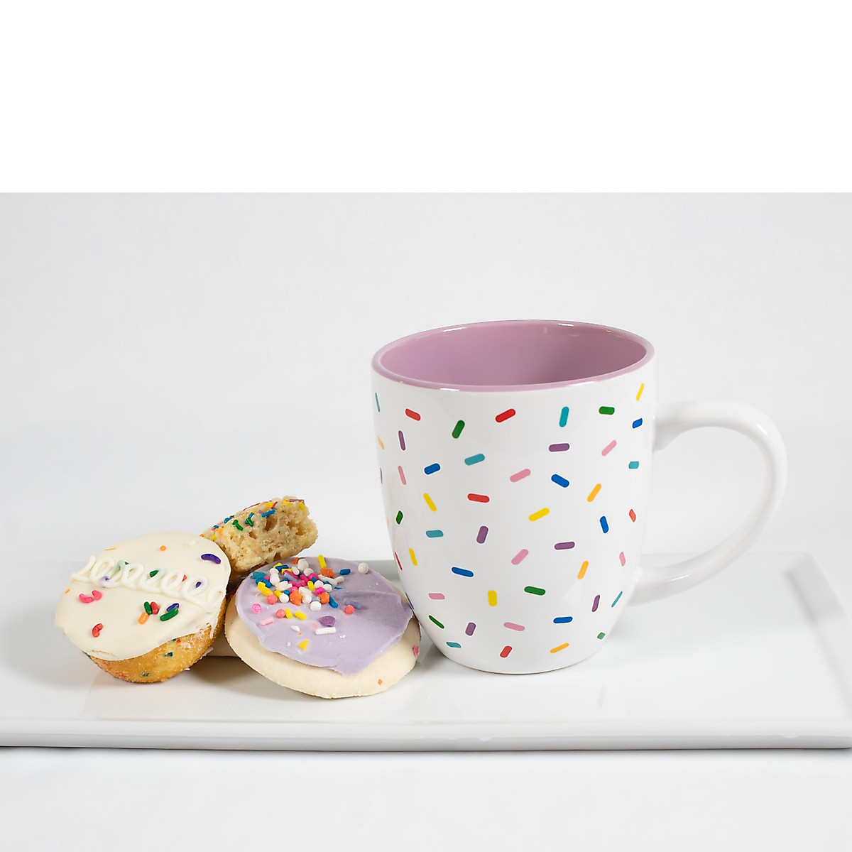 Yummy Sprinkles Mug | Lavendar Cute Coffee Mug with Rainbow Sprinkles | Birthday cake Coffee Cup Gift | Large White Ceramic Cup with Green, Yellow, Red, Pink, and Blue Sprinkles | Fun Pattern