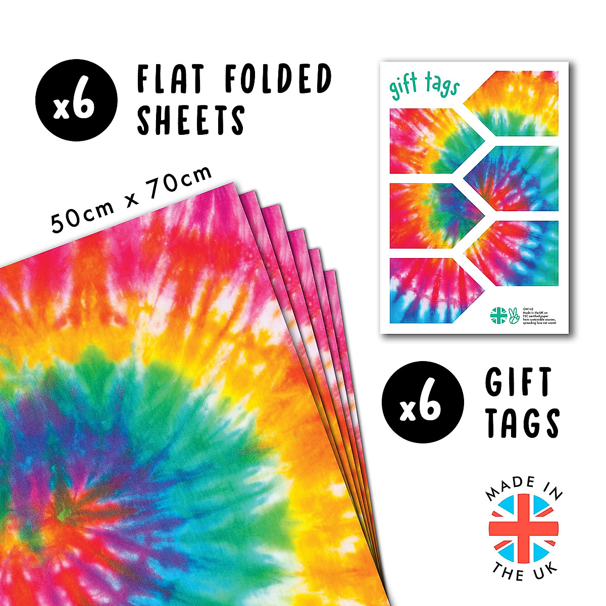 CENTRAL 23 - Colorful Wrapping Paper - 6 Sheets of Rainbow Gift Wrap - Birthday Wrapping Paper For Men Women Teenager - Tie Dye - Pride - Psychedelic - Vegan Ink - Recyclable - Made in UK