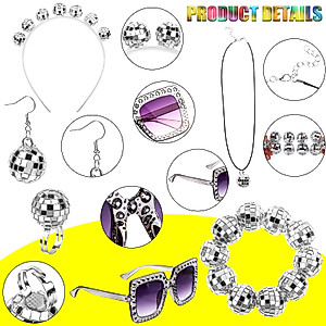 Hitele 6 Pcs 1970s Disco Accessories Set Disco Ball Earrings Necklace Bracelet Headband Ring and Sunglasses for Women Party (silver)