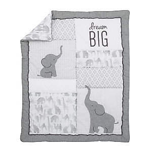 NoJo Elephant Tribe Grey and White 4 Piece Nursery Crib Bedding Set - Comforter, Fitted Crib Sheet, Dust Ruffle, Nursery Organizer
