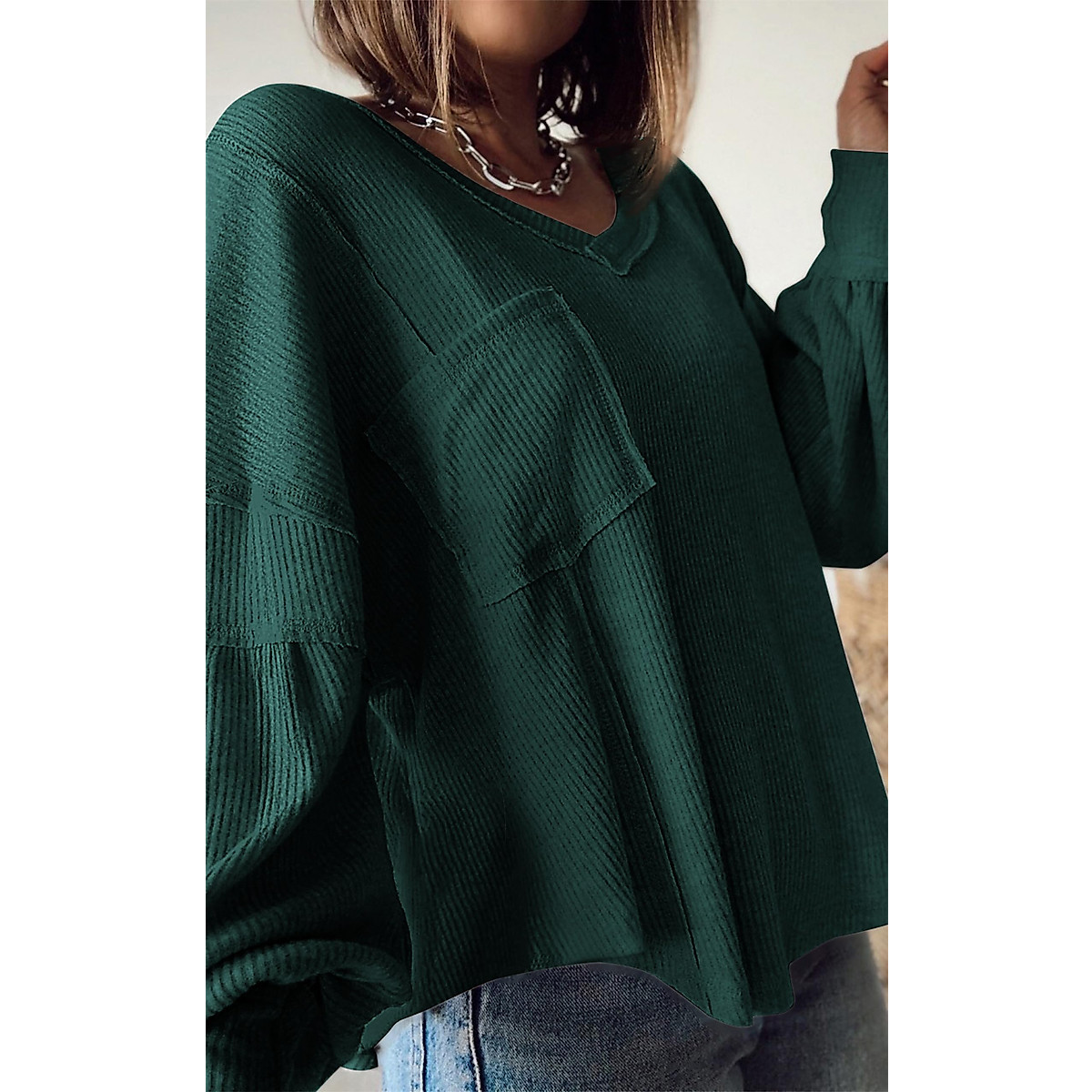 BTFBM Women's Ribbed Long Sleeve Tops 2025 Summer Spring Pullover Knit Casual V Neck Blouses Trendy Loose Fit Tunic Top(Solid Dark Green, Large)