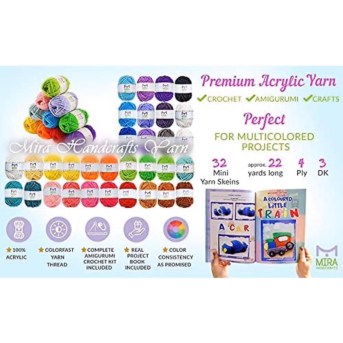 Crochet Kit for Beginners | Learn to Crochet Stuffed Toys | Amigurumi guide book with step-by-step instructions on 10 unique projects| 32 Colored Yarn Skeins (700 yards) and all Accessories