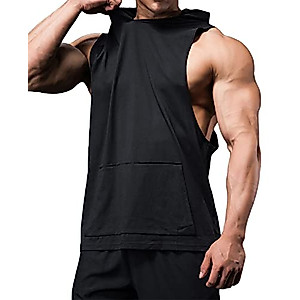 Men's Hooded Tank Tops Gym Workout Training Hoodies Sleeveless Bodybuildng Muscle Cut Off T-Shirt with Pocket Black L