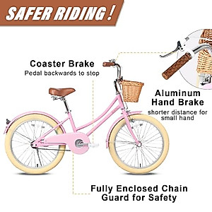 Glerc Little Molly 20 inch Kids Retro Cruiser Bike Bicycle for Girls Ages 7 8 9 10 11 12 13 Year Old with Wicker Basket & Lightweight & Kickstands & Bell for Birthday Gift Pink