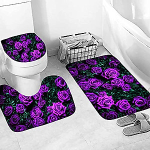MrLYouth Many Purple Rose Shower Curtain Sets with Rugs 4Pcs Waterproof Polyester Durable Bathroom Non-slip Bath Mat and Toilet Lid Cover Botanical Floral 12 Hooks 71x71inch