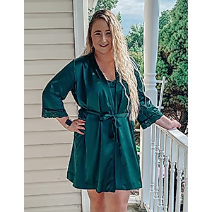 Ekouaer Womens Silk Nightwear Lingerie Nightgown Lace Pajamas Set with Robe Satin Cami Nightdress