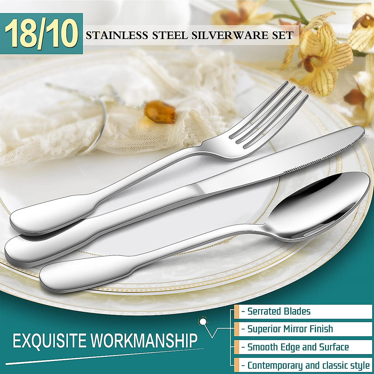 18/10 Silverware Set, E-far 60-Piece Stainless Steel Flatware Cutlery Set Service for 12, Metal Tableware Eating Utensil Sets for Home/Restaurant/Wedding, Elegant & Classic Style - Dishwasher Safe