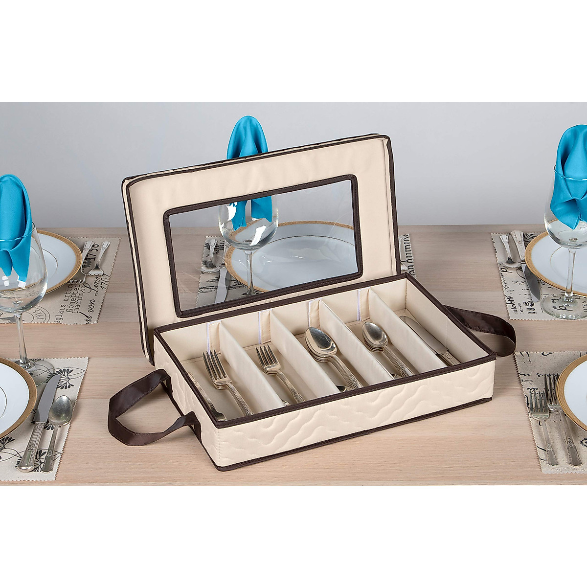 Flatware Storage Case - Tableware Utensil Chest - Durable 5 Compartment Silverware Container with Removable Lid and Easy to Carry Handles - Large Capacity Keeps Your Cutlery Organized and Protected