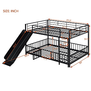 Bellemave Full Over Full Bunk Bed with Slide and Ladder, Metal Bunk Bed for Kids, Girls, Boys, Removable Fence, Low Bunk Bed with Slide, with Door, Black