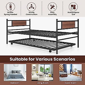 Giantex Metal Daybed with Trundle, Twin Size Day Bed with Wood Grain Headboard & Metal Slat Support, Space-Saving Trundle Sofa Bed for Living Room Guest Room, Easy Assembly, No Box Spring Needed