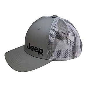 Jeep Premium Text Logo Trucker Hat - Heather Grey Twill Front/Mesh Camo Back