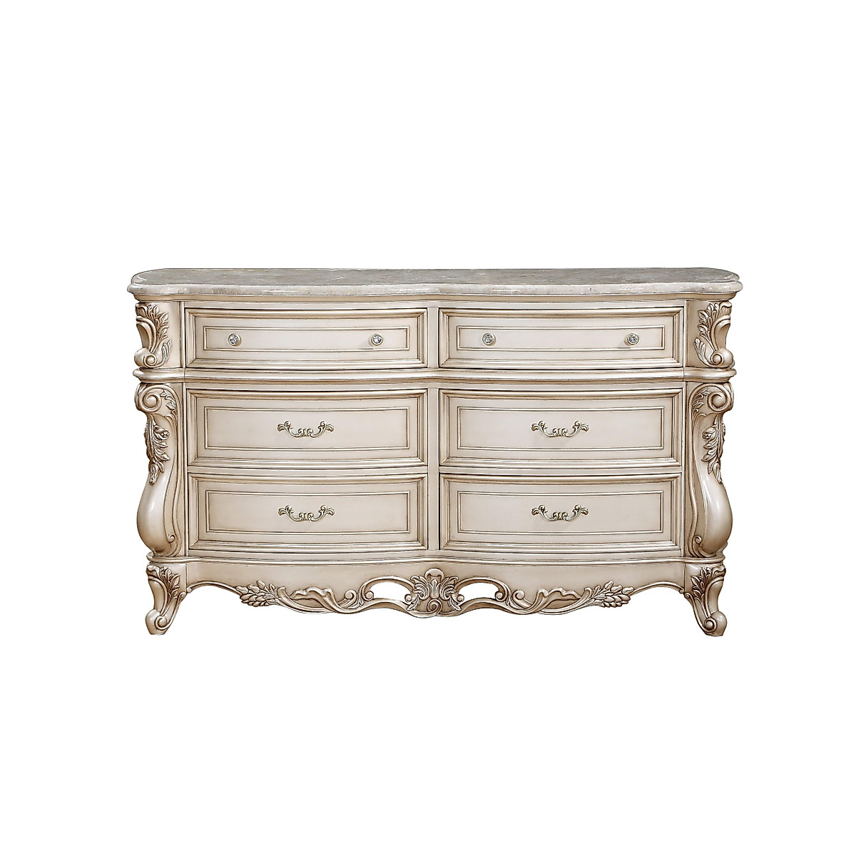 Acme Gorsedd 6-Drawer Wooden Dresser with Marble Top in Golden Ivory