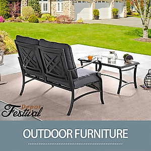 Festival Depot PE Wicker Patio Bistro Set, 2 Pieces Outdoor Furniture, Conversation Sofa Loveseat Armchairs & Coffee Table with Removable Cushion All Weather Casual Craft Cozy Small Chair Set