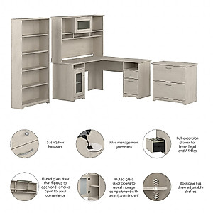 Bush Furniture L Shaped Desk with Hutch, 5 Shelf Bookcase and Lateral File Cabinet | Cabot Collection Corner Computer Table with Storage and Bookshelf | 60Wx23DX37W