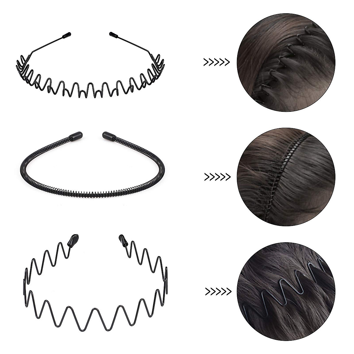 fenshine 6PCS Metal Hair Bands, Spring Wavy Hoop Unisex Black Headband Slicked Back Non Slip Sports Hairband for Women Men…