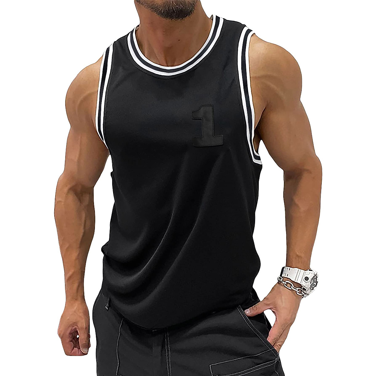SOLY HUX Men's Letter Striped Sleeveless Round Neck Casual Summer Tank Top Shirts Black Letter L