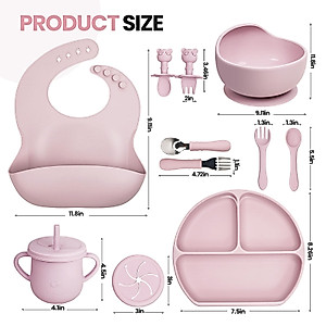 Vivalada Silicone Baby Feeding Set - 12PCS Baby Led Weaning Supplies, Baby Suction Plate with Lid and Bowl Set, Baby Self Feeding Spoons Forks Sippy Cup and Bib, Baby Eating Set 6+ Months (Pink)