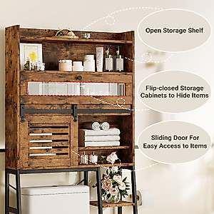 IRONCK Over The Toilet Storage with Cabinet, Sliding Barn Door, Side Storage Open Rack, Mass-Storage Over Toilet Bathroom Organizer for Bathroom, Restroom, Laundry, Vintage Brown
