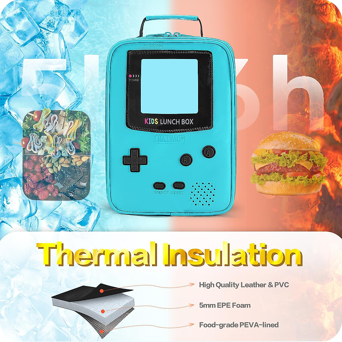 Hairao Kids Lunch Box Insulated Soft Lunch Bag Leather Lunch Box Gameboy Mini Cooler Back to School Thermal Meal Tote Kit Boys Girls Teens