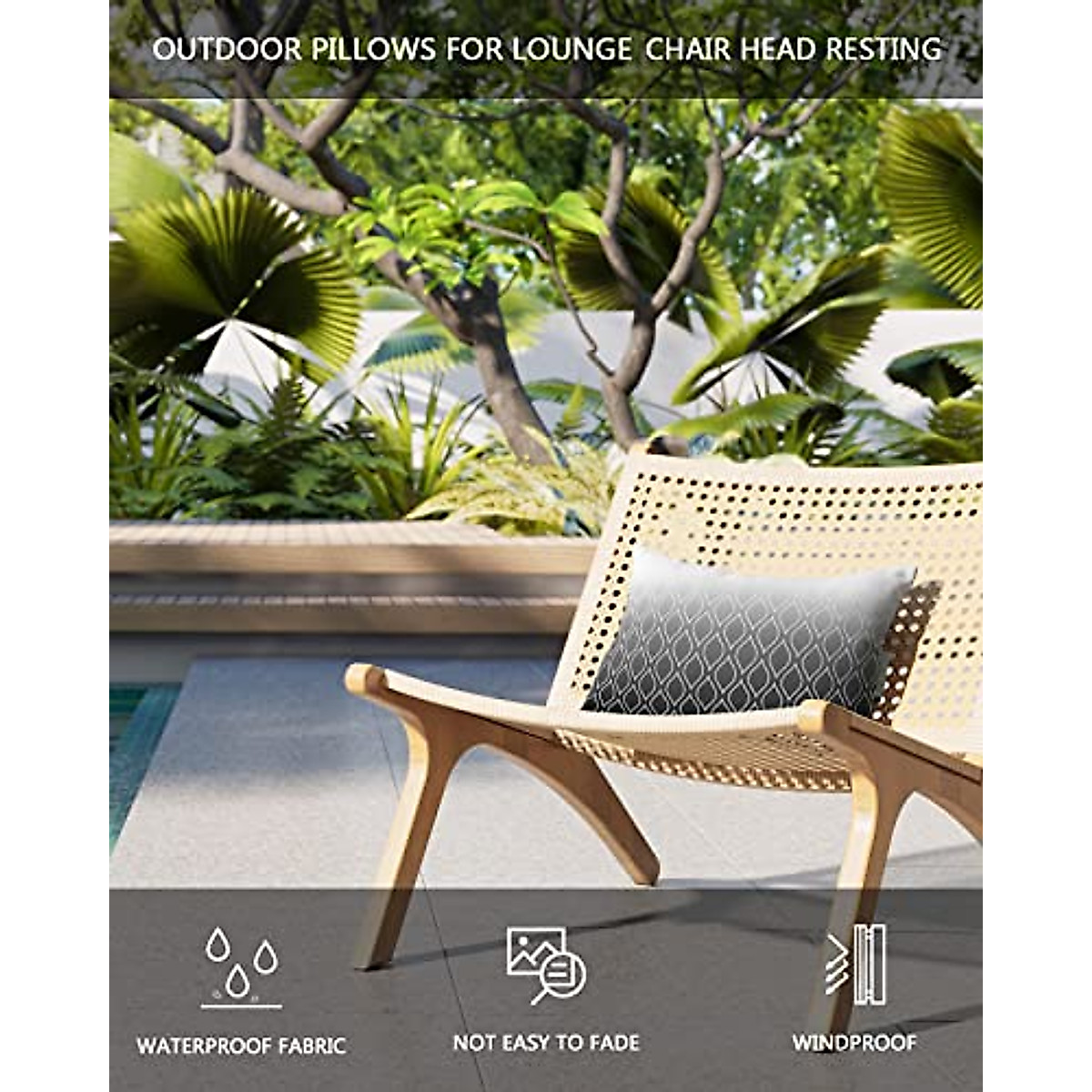 Recliner Head Pillow Ledge Loungers Chair Pillows with Insert Black White Ombre Geometric Trellis Morrocan Lumbar Pillow with Adjustable Strap Outdoor Waterproof Patio Pillows for Beach Pool, 2 PCS